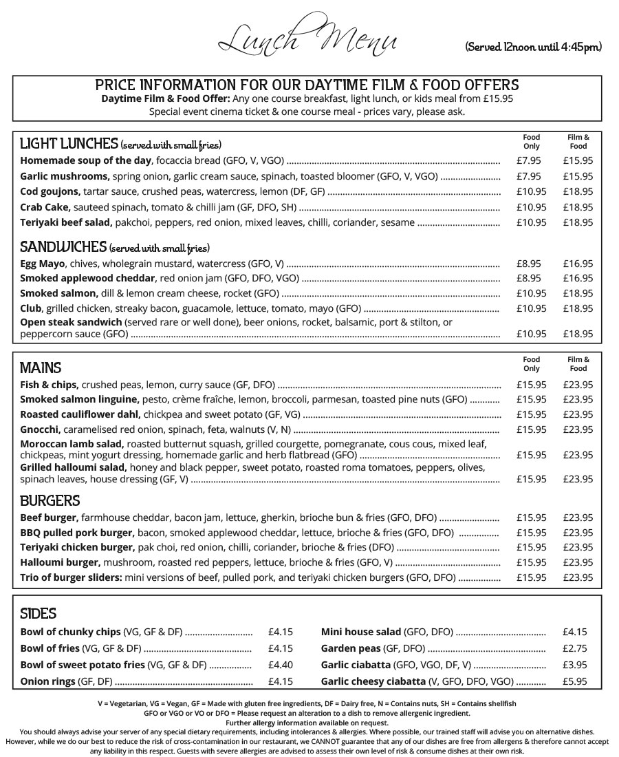 Lunch Menu | The Red Carpet Cinema and Cafe Bar