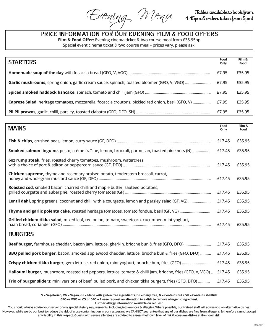 Evening Menu | The Red Carpet Cinema and Cafe Bar