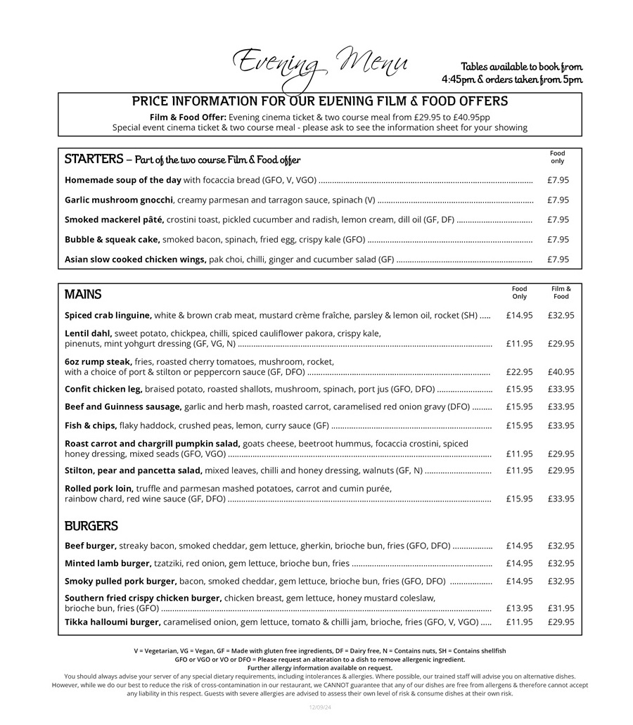 Evening Menu | The Red Carpet Cinema and Cafe Bar