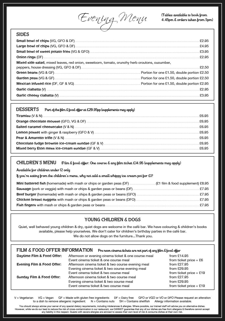 Evening Menu page 2 | The Red Carpet Cinema and Cafe Bar