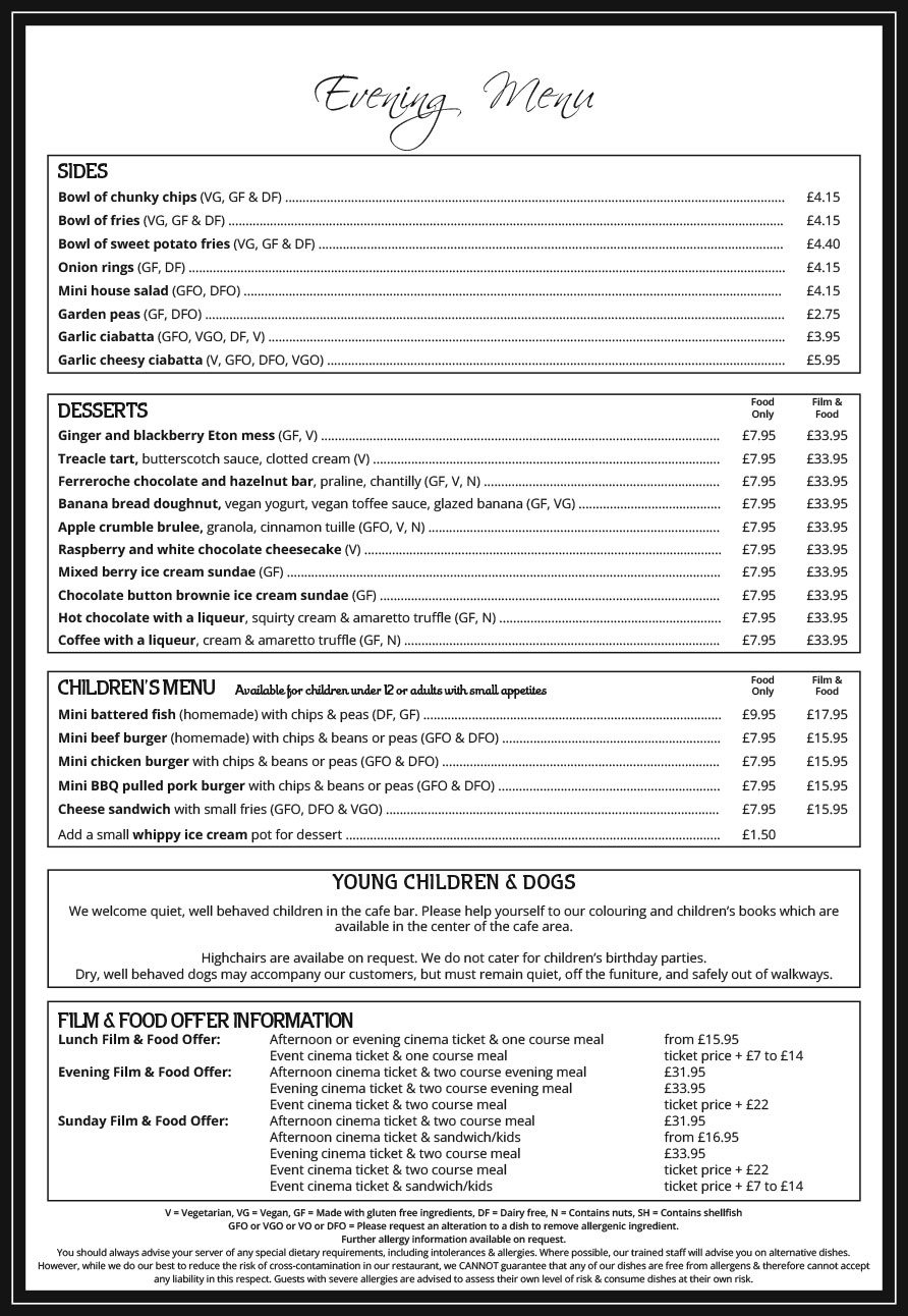 Evening Menu page 2 | The Red Carpet Cinema and Cafe Bar
