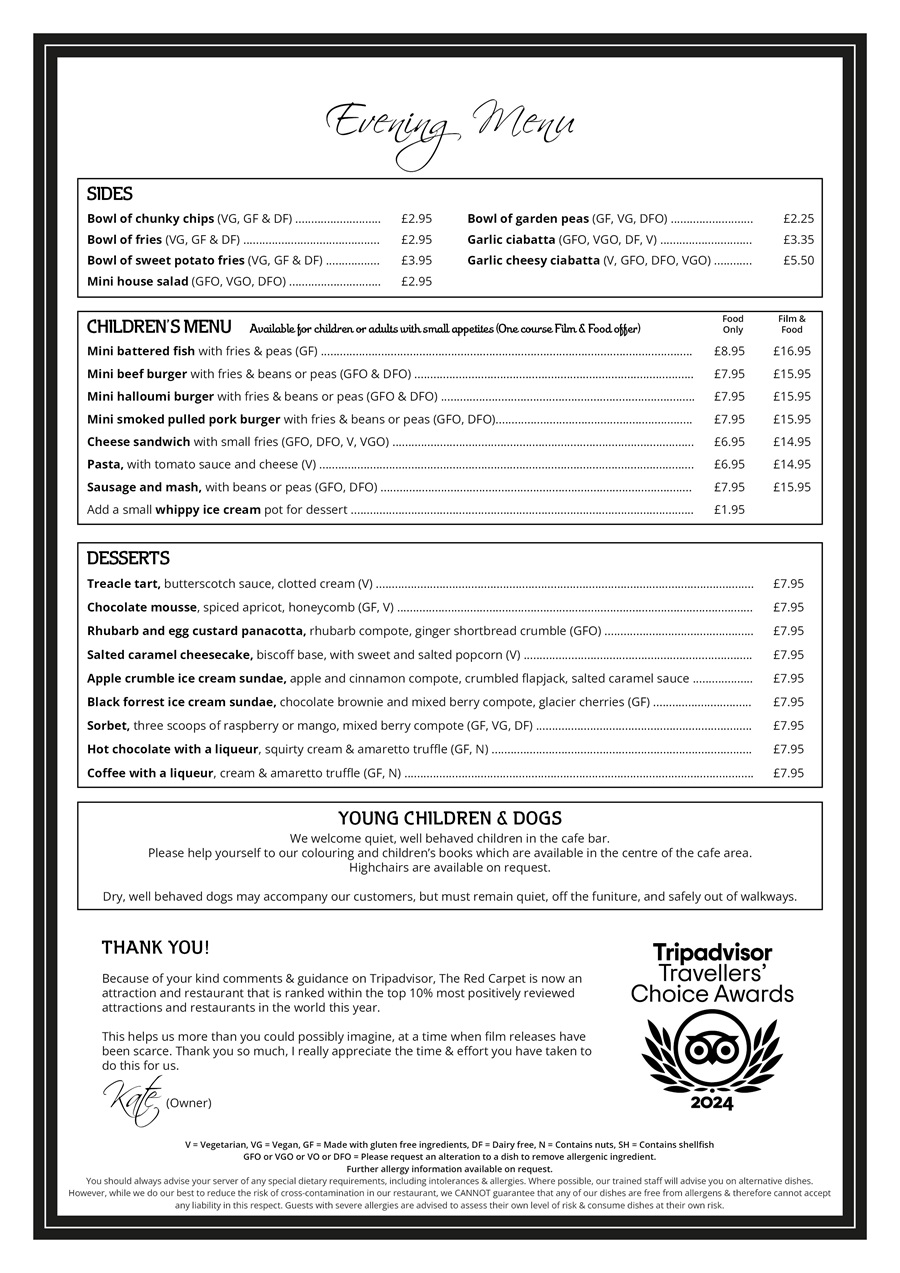 Evening Menu page 2 | The Red Carpet Cinema and Cafe Bar