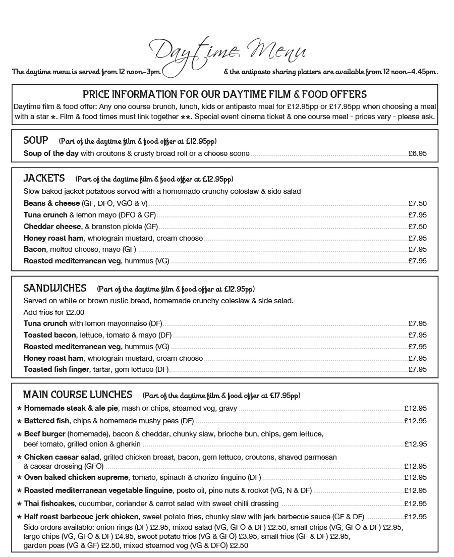 The Red Carpet Cinema and Cafe Bar - Lunch Menu