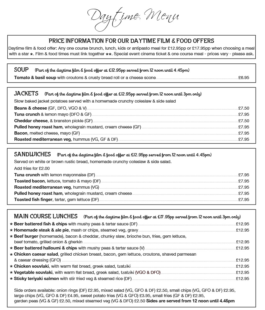 The Red Carpet Cinema and Cafe Bar - Lunch Menu
