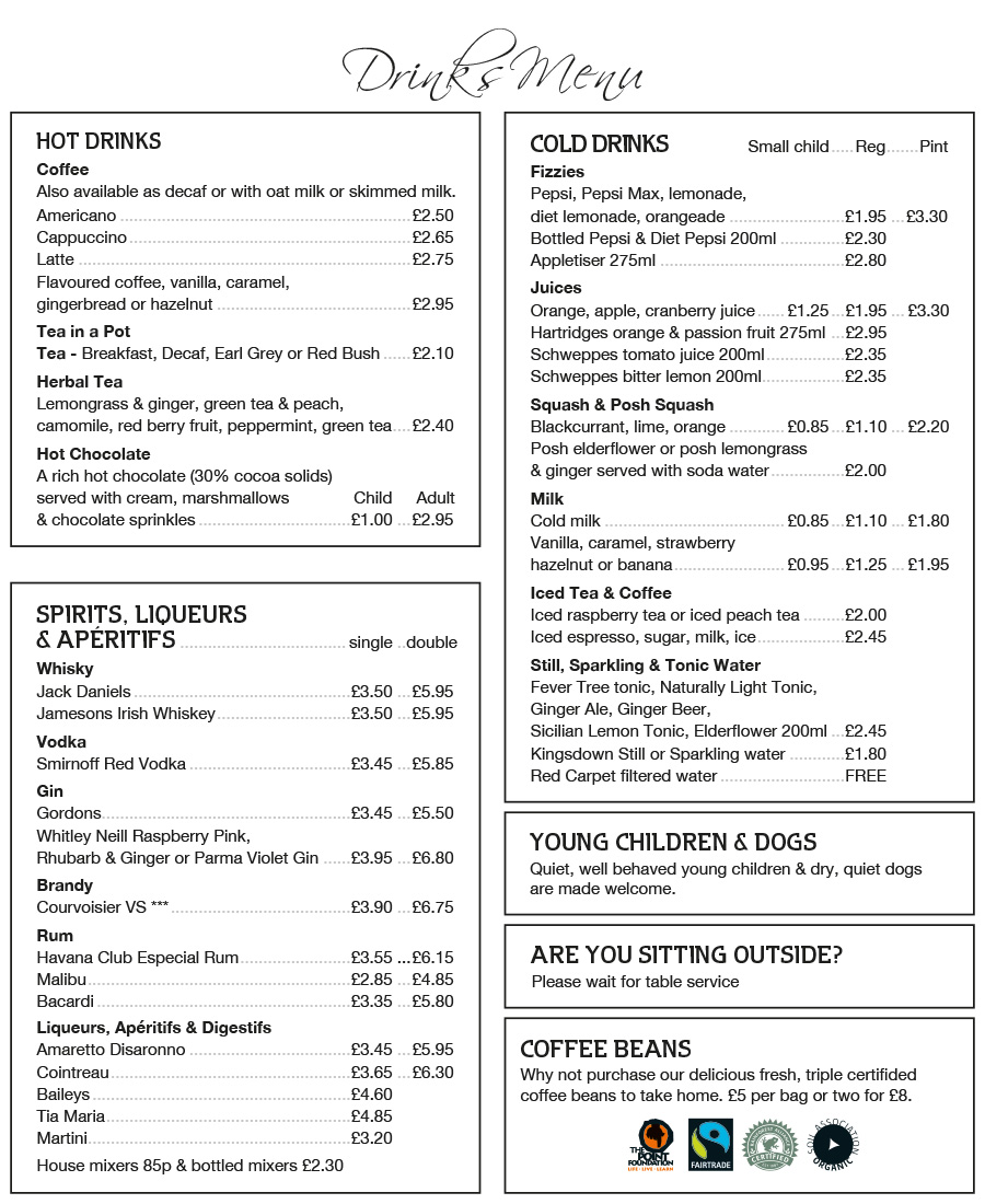 The Red Carpet Cinema and Cafe Bar - Drinks Menu