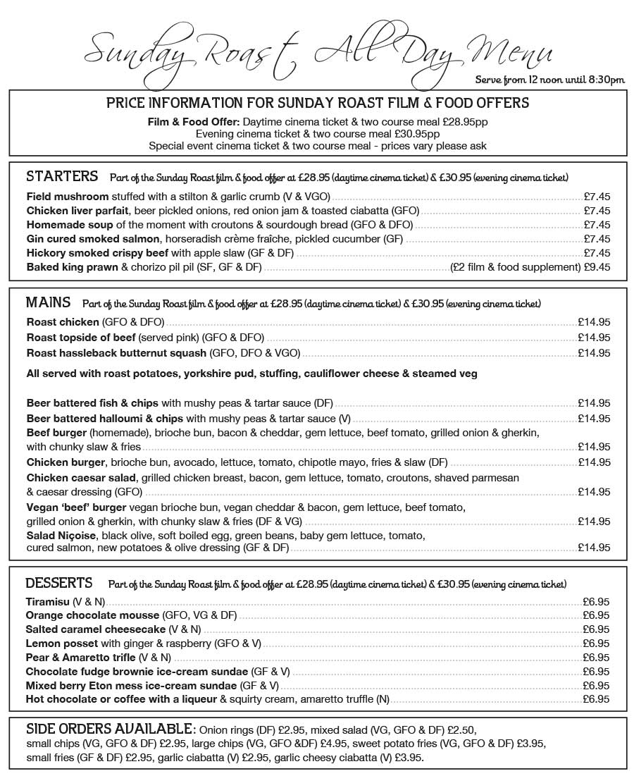 Sunday Lunch Menu | The Red Carpet Cinema and Cafe Bar
