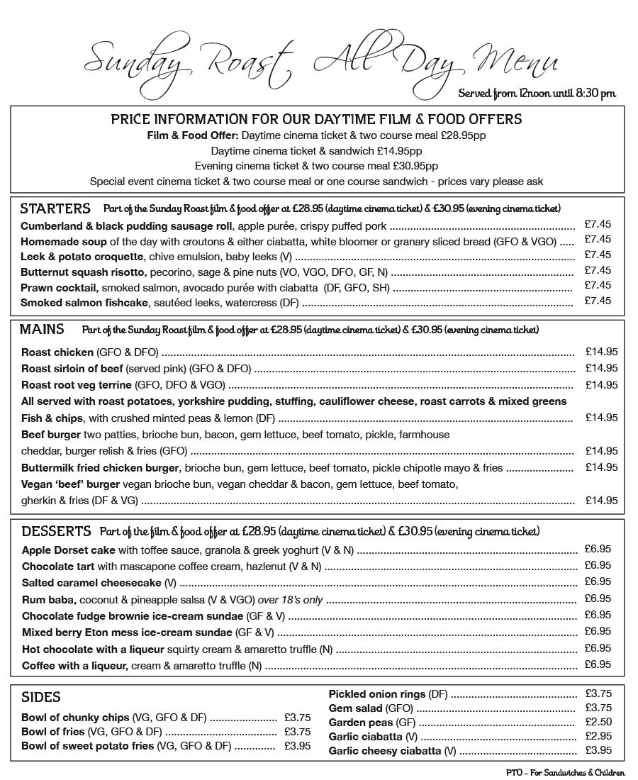 The Red Carpet Cinema and Cafe Bar - Sunday Menu