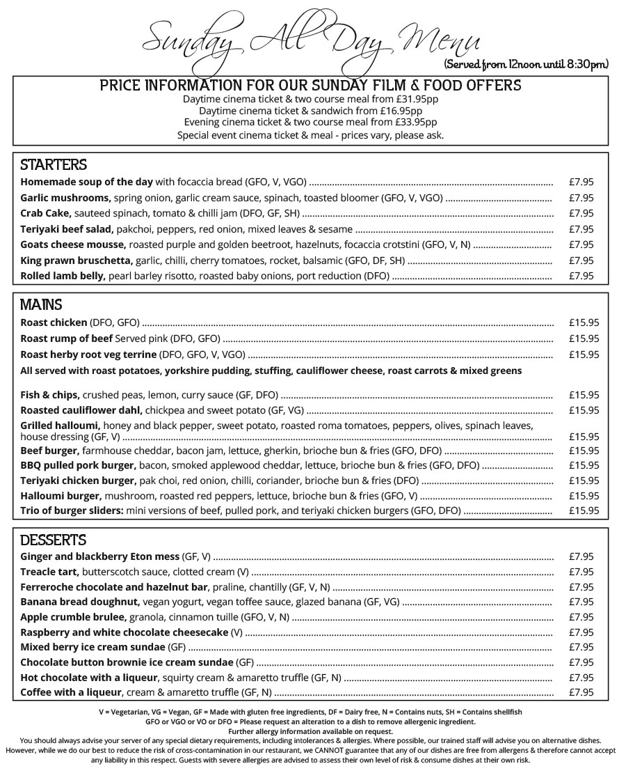 Sunday Lunch Menu | The Red Carpet Cinema and Cafe Bar