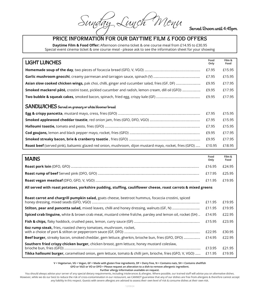 Sunday Lunch Menu | The Red Carpet Cinema and Cafe Bar